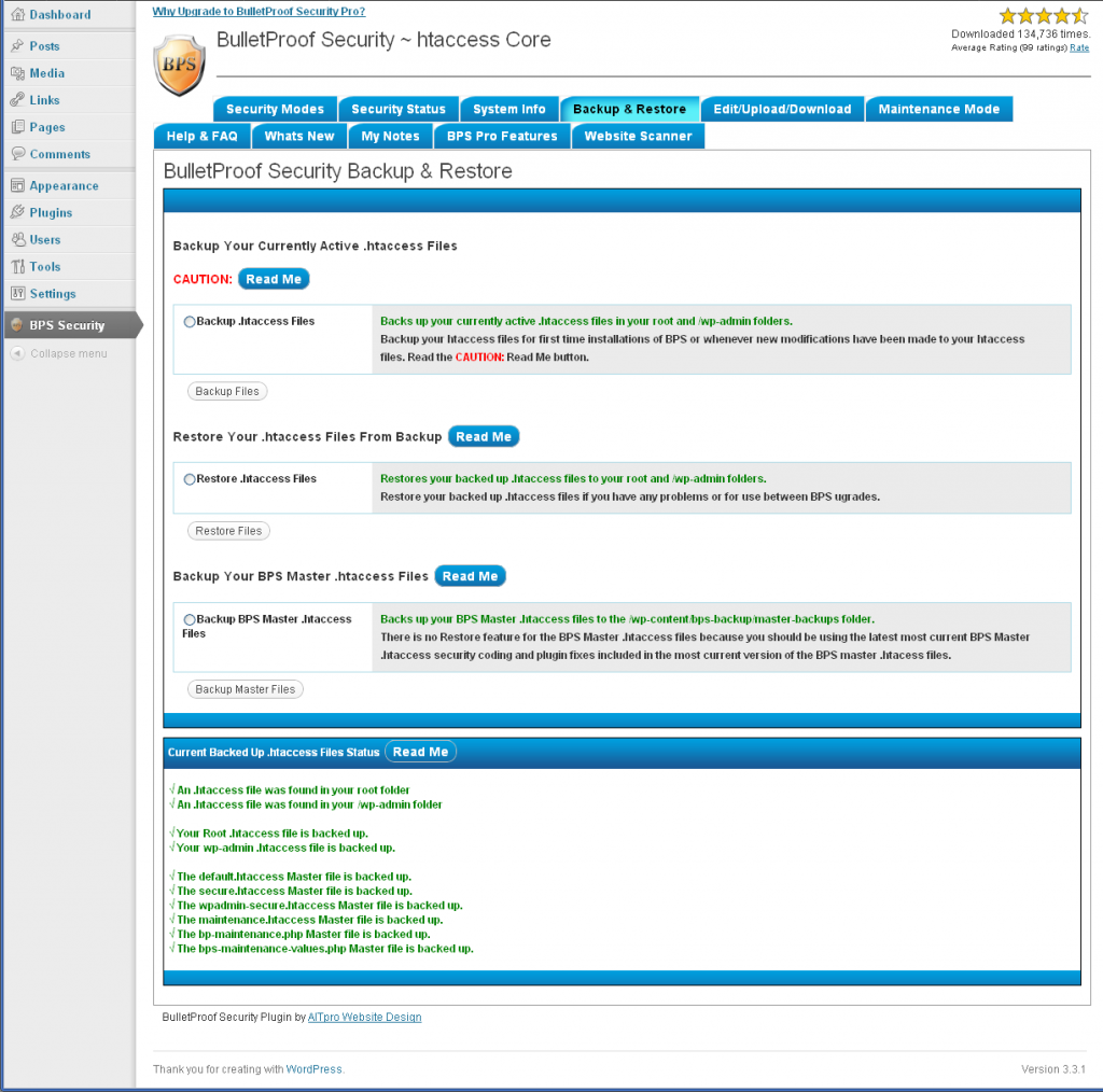 BulletProof Security Plugin – BPS Version .46.8 Screenshots