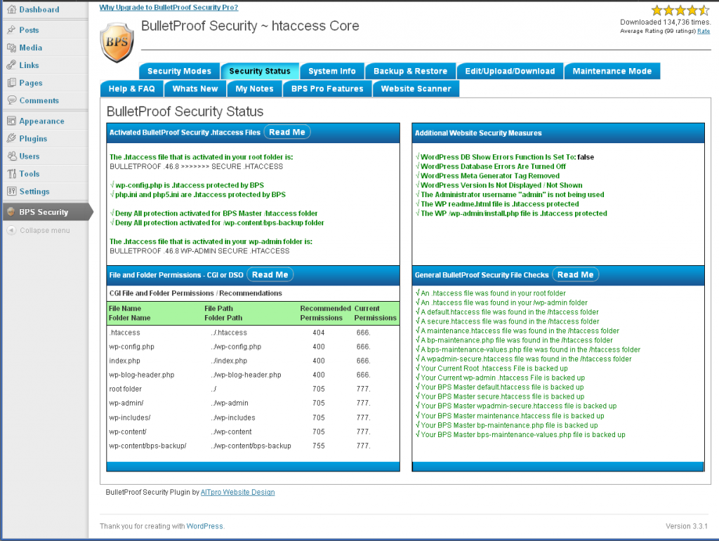BulletProof Security Plugin – BPS Version .46.8 Screenshots